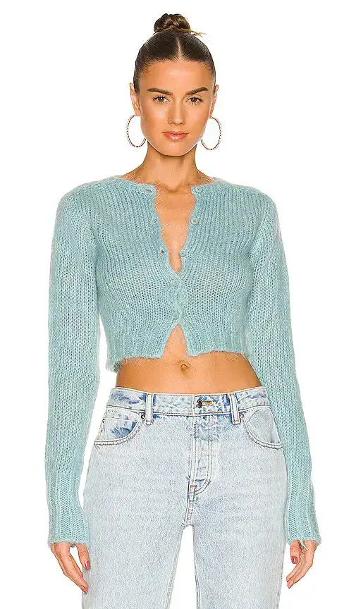Guizio Mohair Fuzzy Cropped Cardigan In Baby Blue - Sky Blue